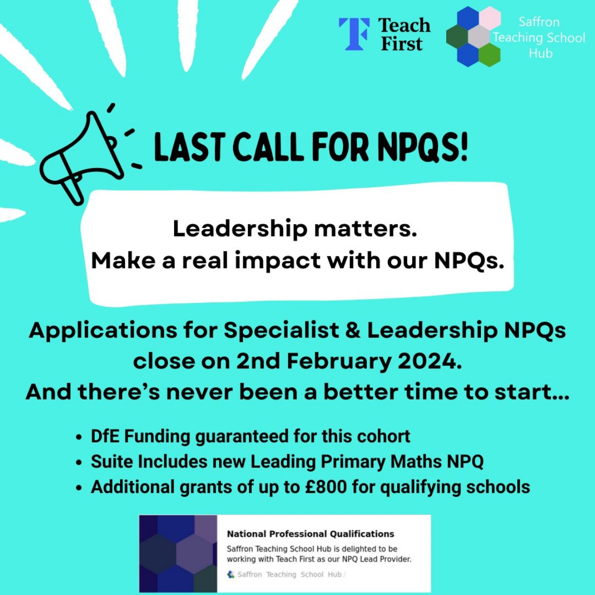 Saffron Teaching School Hub - NPQ programmes - apply by 2 February